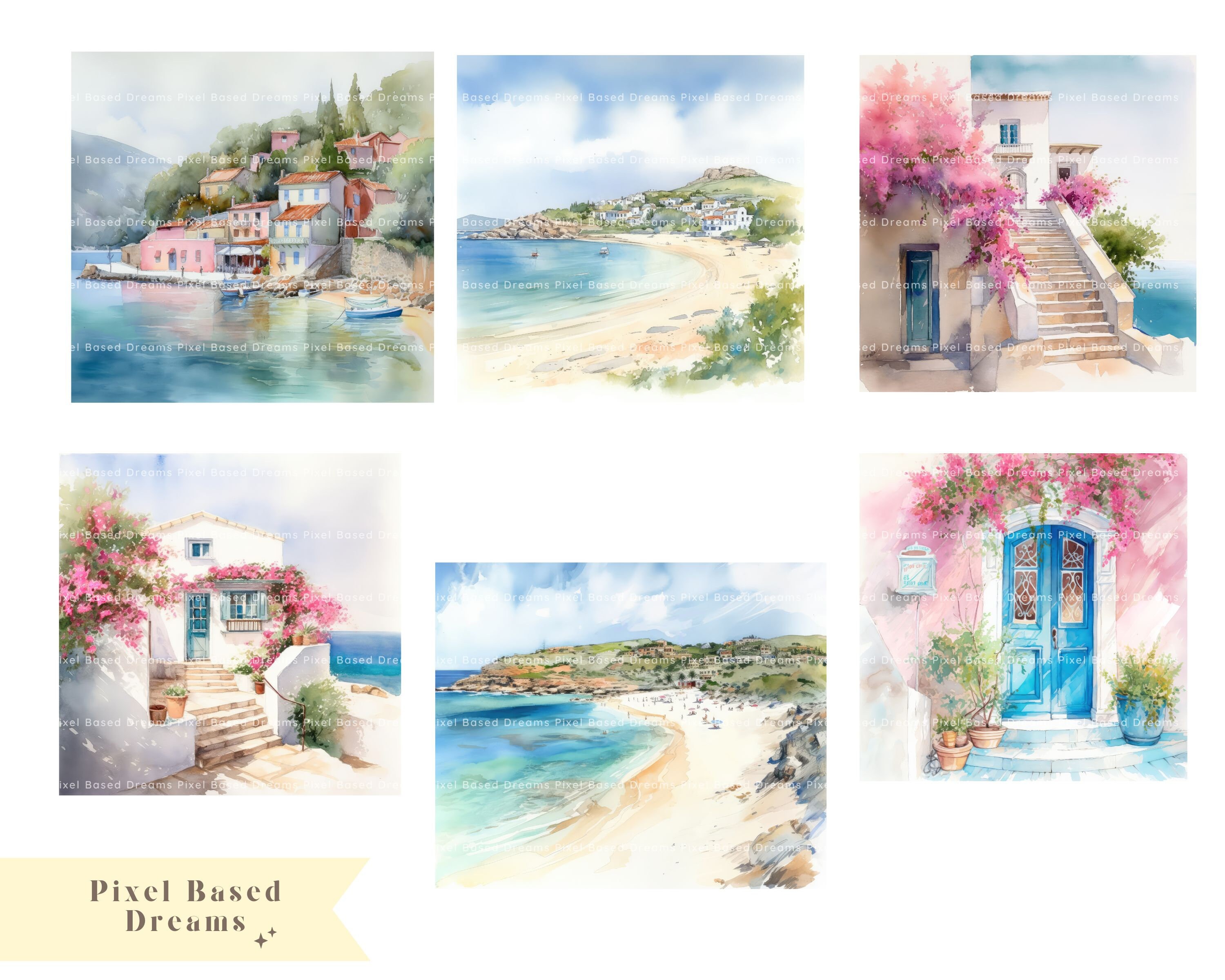 Mediterranean Summer Clipart Digital Watercolor Clip Art Beach & Ocean ...