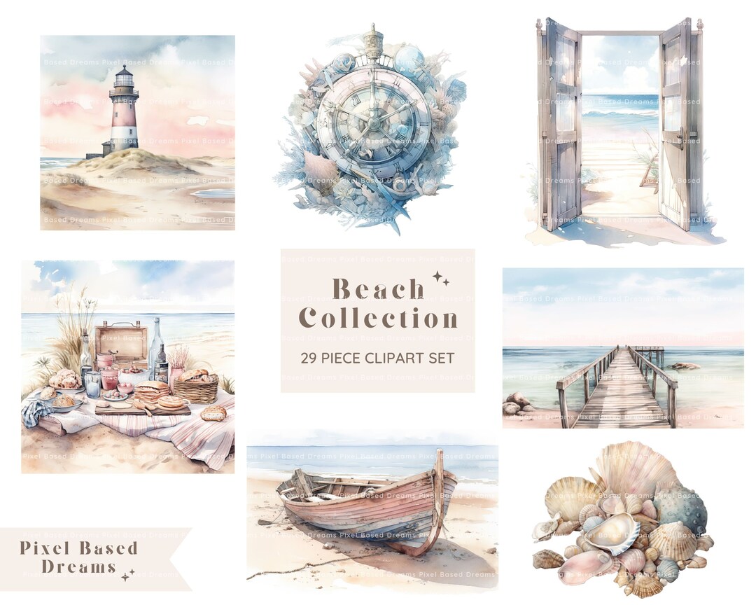 Beach Collection Clipart Set Summer Digital Watercolor Clip Art PNG Graphics Bundle Commercial ...