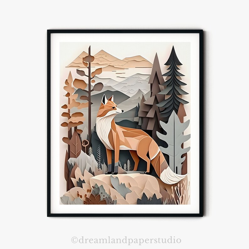 Red Fox Abstract, Mountain Landscape, Woodland Nursery Decor, Neutral ...