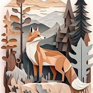 Red Fox Abstract, Mountain Landscape, Woodland Nursery Decor, Neutral ...
