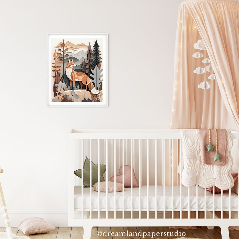 Red Fox Abstract, Mountain Landscape, Woodland Nursery Decor, Neutral ...