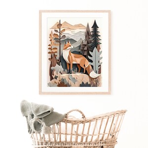 Red Fox Abstract, Mountain Landscape, Woodland Nursery Decor, Neutral ...