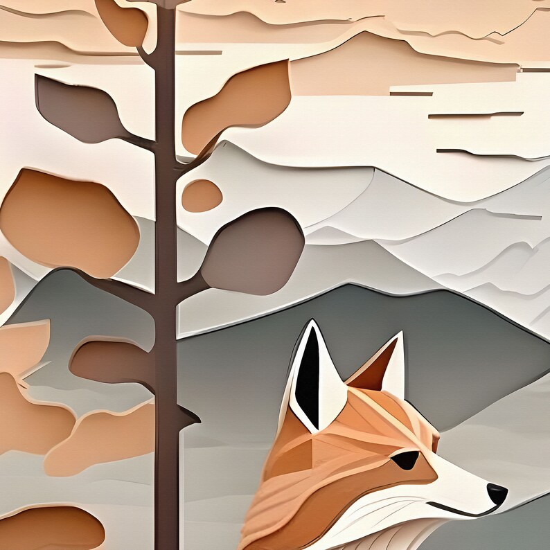 Red Fox Abstract, Mountain Landscape, Woodland Nursery Decor, Neutral ...