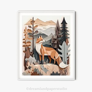 Red Fox Abstract, Mountain Landscape, Woodland Nursery Decor, Neutral ...
