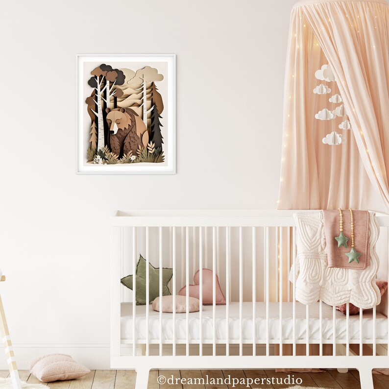 Sleeping Bear, Woodland Animals Nursery Decor Theme, Unique Neutral ...