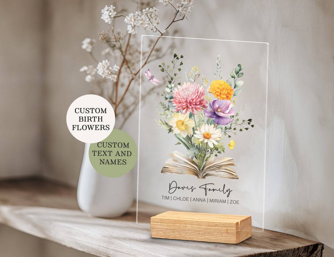 Personalized Birth Flower Bouquet, Birth Month Flower on Acrylic Plaque ...