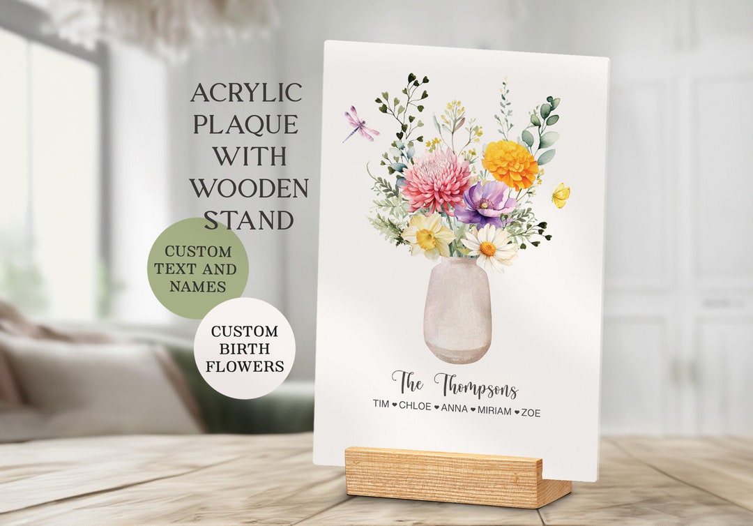 Personalized Birth Flower Bouquet, Birth Month Flower on Acrylic Plaque ...