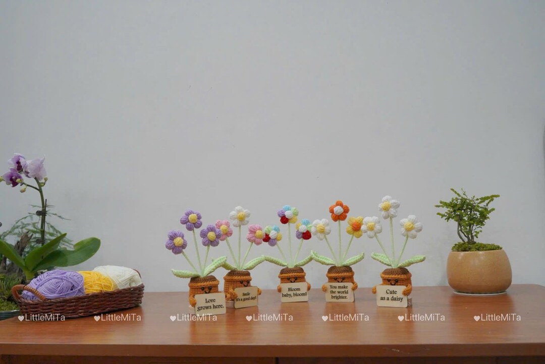 Colorful Crochet Flower Pot, Emoji Crochet Flower Pot, Mini Smiling ...