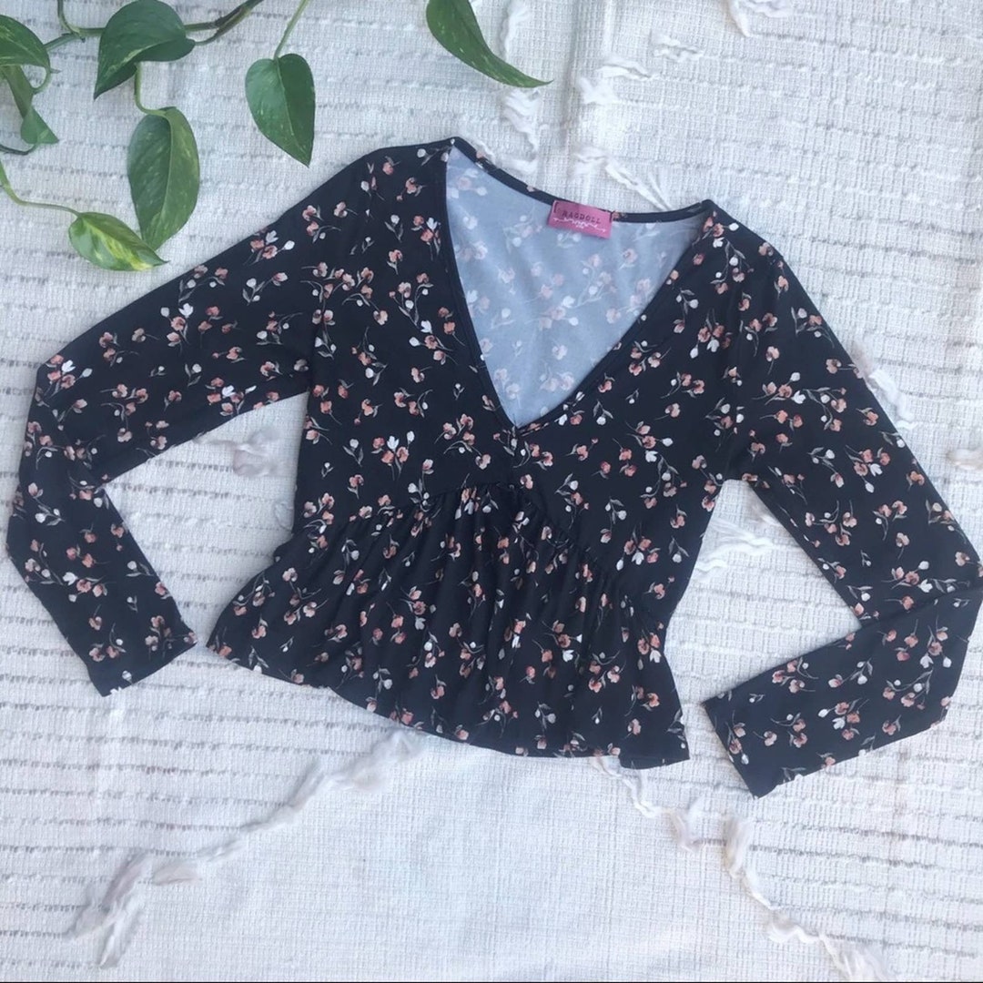 Ragdoll Y2k 90s Ditsy Floral Ruffle Peplum Hem Long Sleeve Crop Top Sz ...