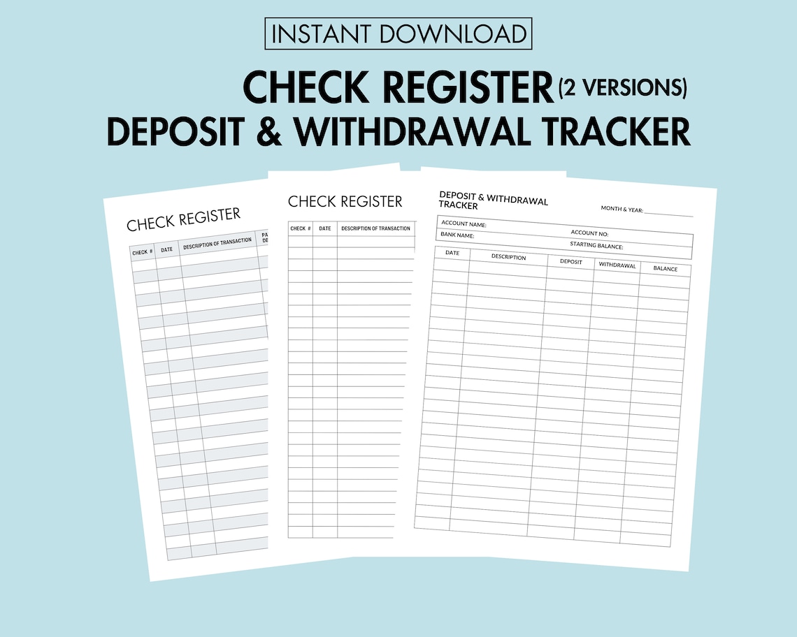 Checkbook Register Printable Check Transaction Tracker Check Ledger ...