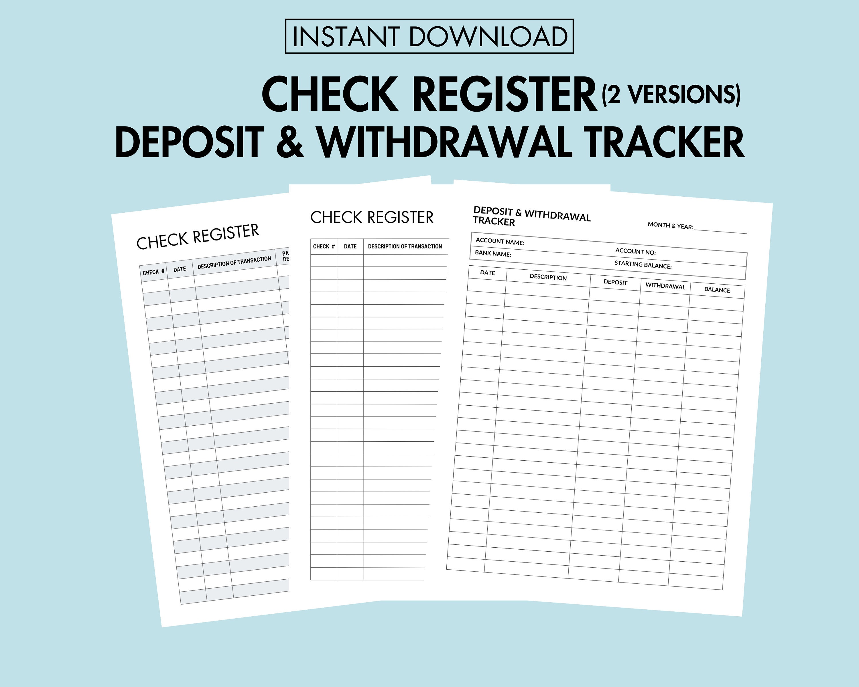 Checkbook Register Printable Check Transaction Tracker Check Ledger ...