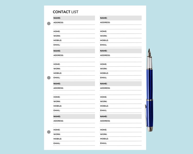 Personal Contact List Printable Address Notebook Page Phone Number List ...