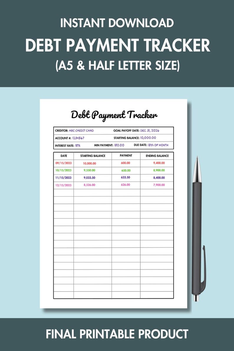 Debt Tracker Printable Debt Payment Tracker for Credit Card Minimalist ...