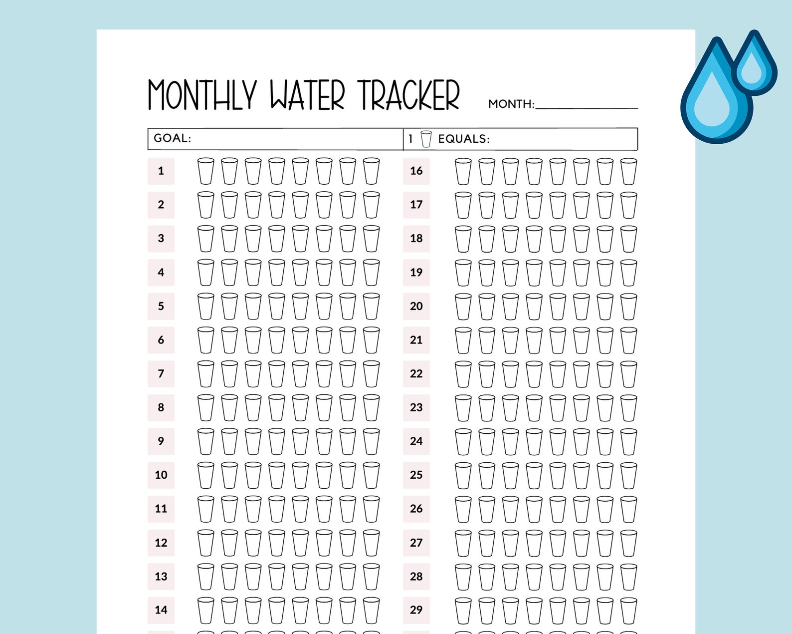 Water Tracker Printable Instant Download Monthly Water Intake Log Sheet ...
