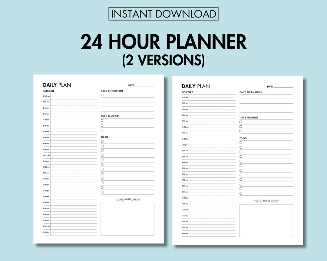 Daily Planner Undated Printable 24 Hour Daily Planner PDF Daily Task ...