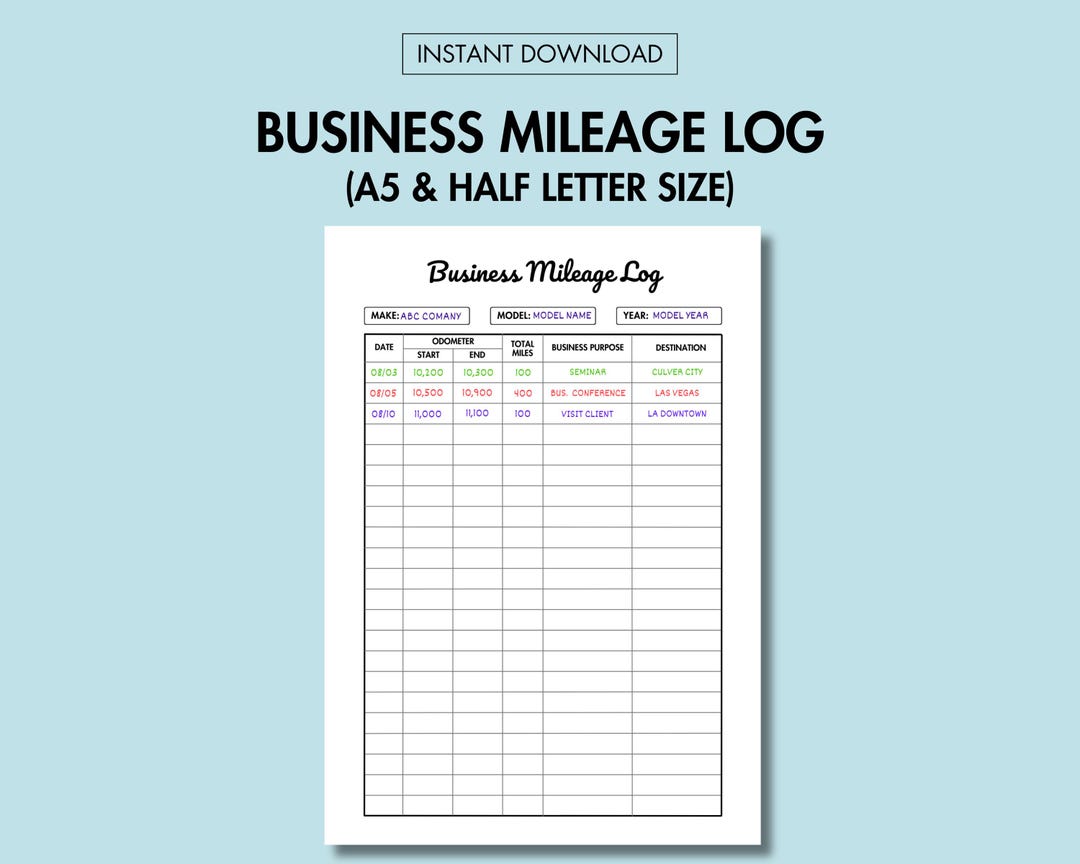 Business Vehicle Mileage Log Book Printable Business Mileage Tracking ...