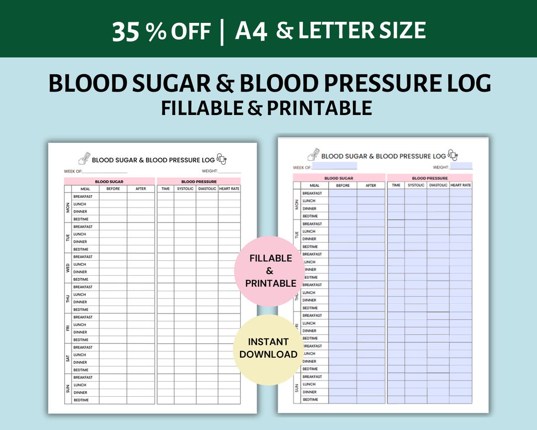 Blood Sugar and Blood Pressure Log Printable, Personal Health ...