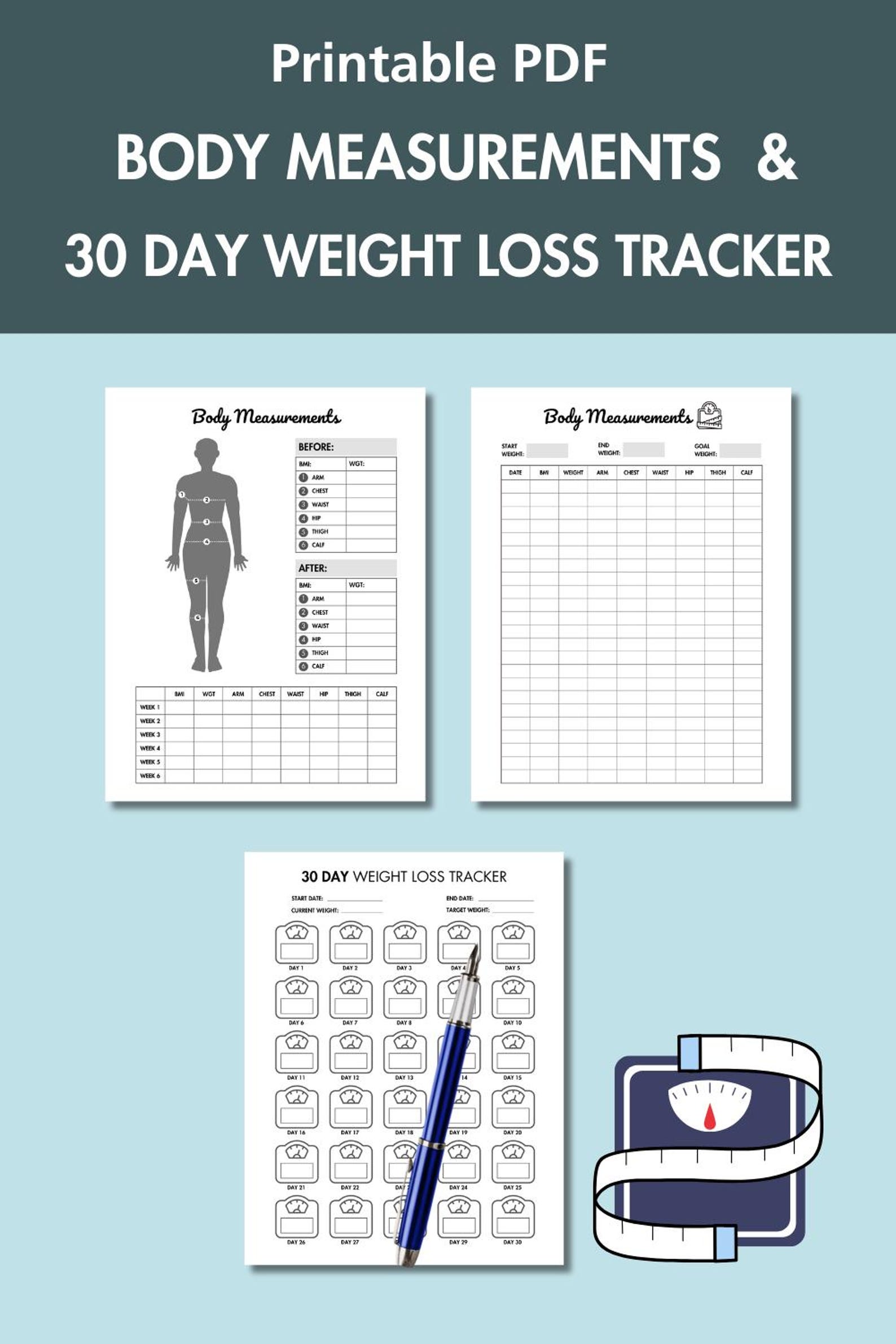 Body Measurement Tracker Printable Monthly Weight Loss Chart PDF Weight ...