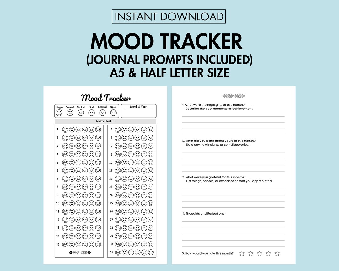 Mood Tracker With Journal Prompt Printable Emotion Log Daily Feelings ...