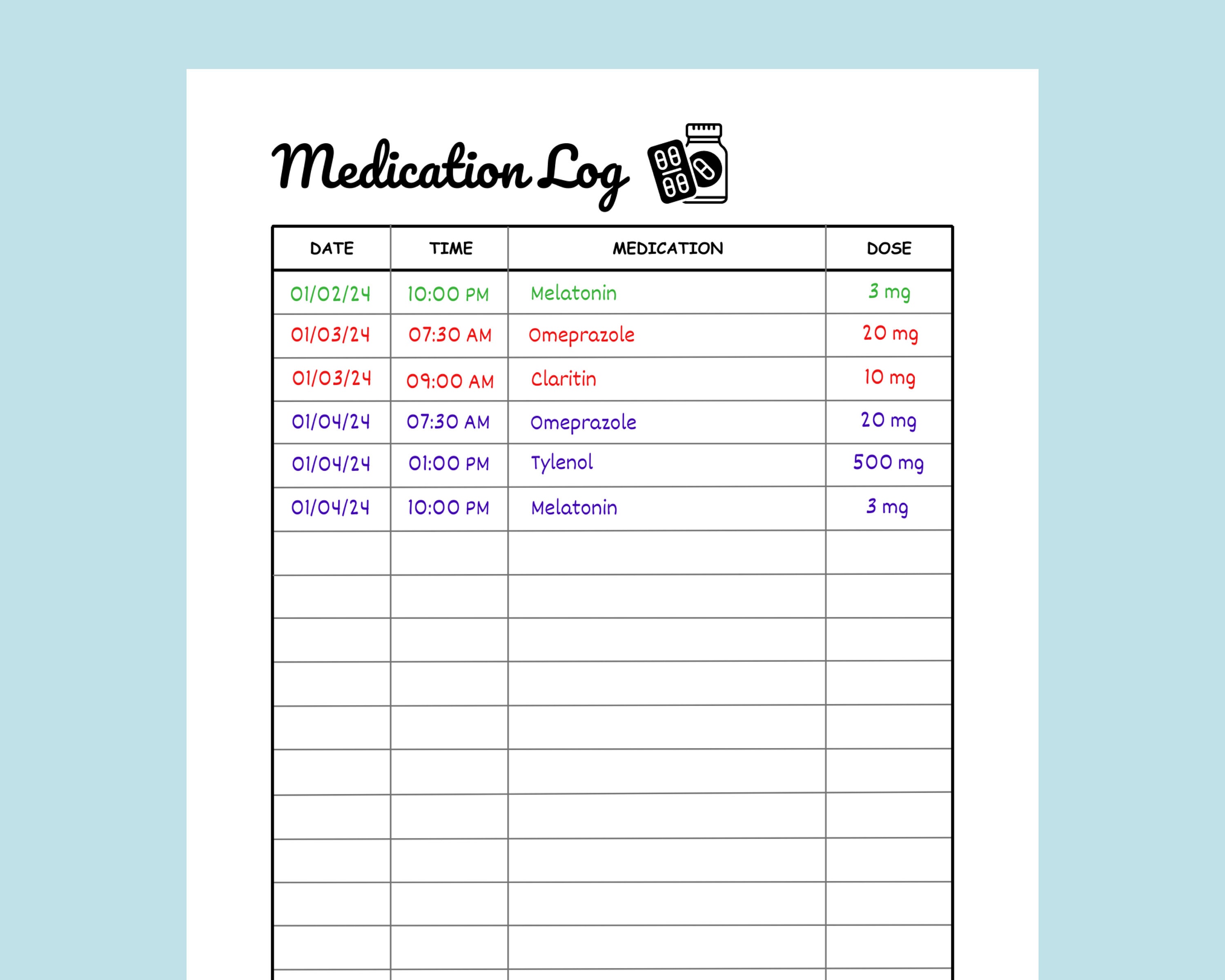 Medication Log Printable Medication Tracker Daily Medicine Tracker PDF ...