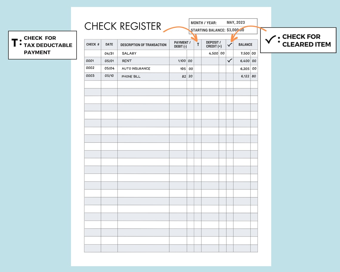 Checkbook Register Printable Check Transaction Tracker Check Ledger ...