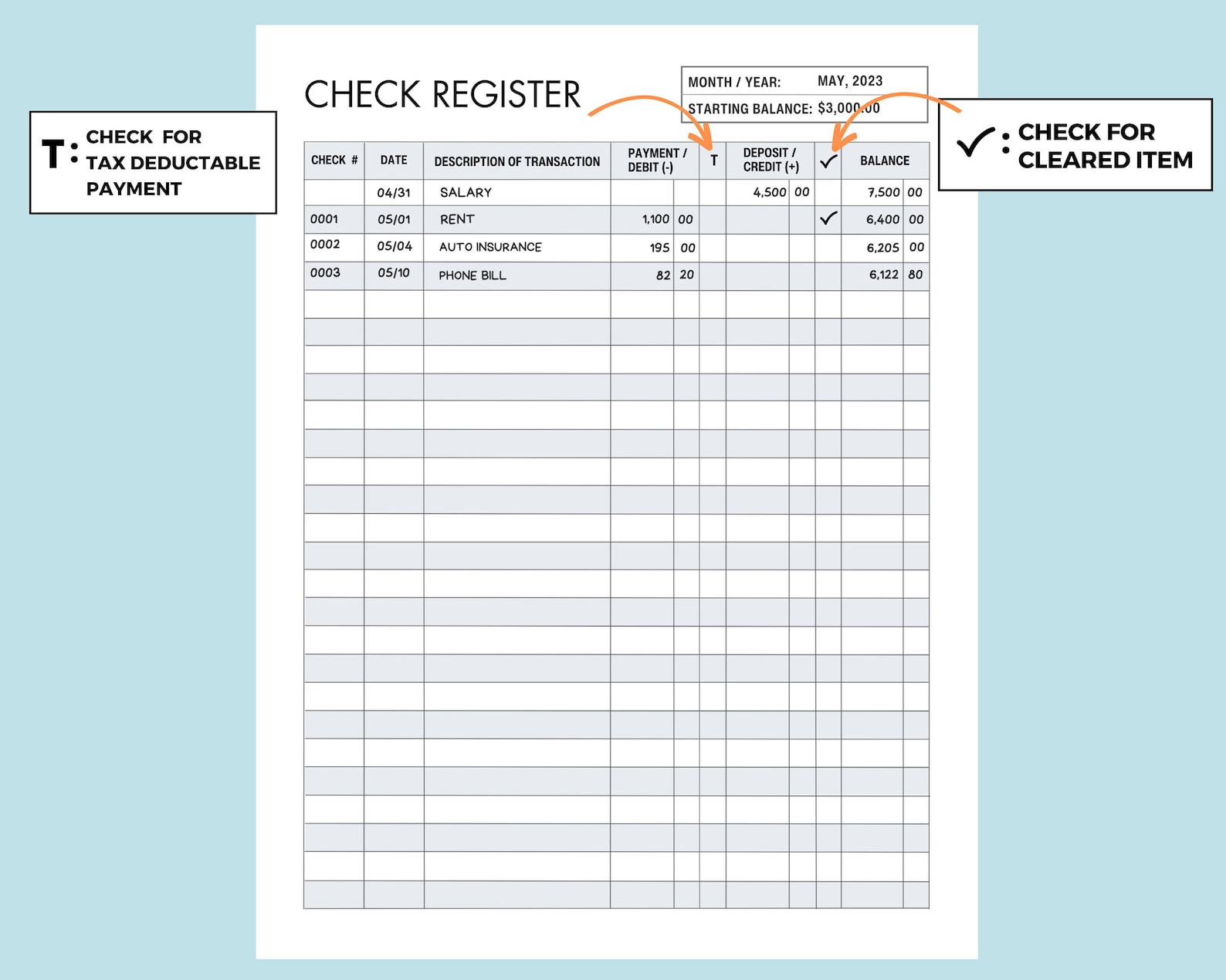 Checkbook Register Printable Check Transaction Tracker Check Ledger ...