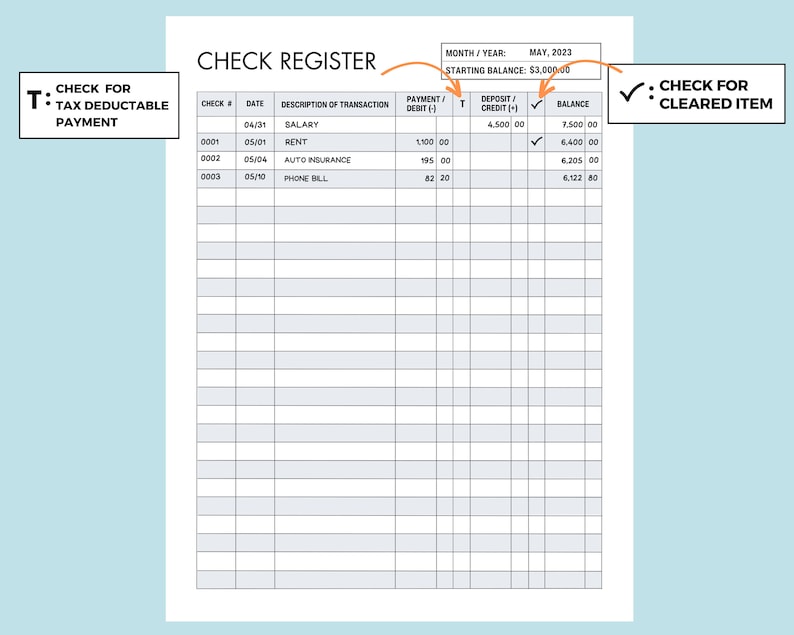 Checkbook Register Printable Check Transaction Tracker Check Ledger ...