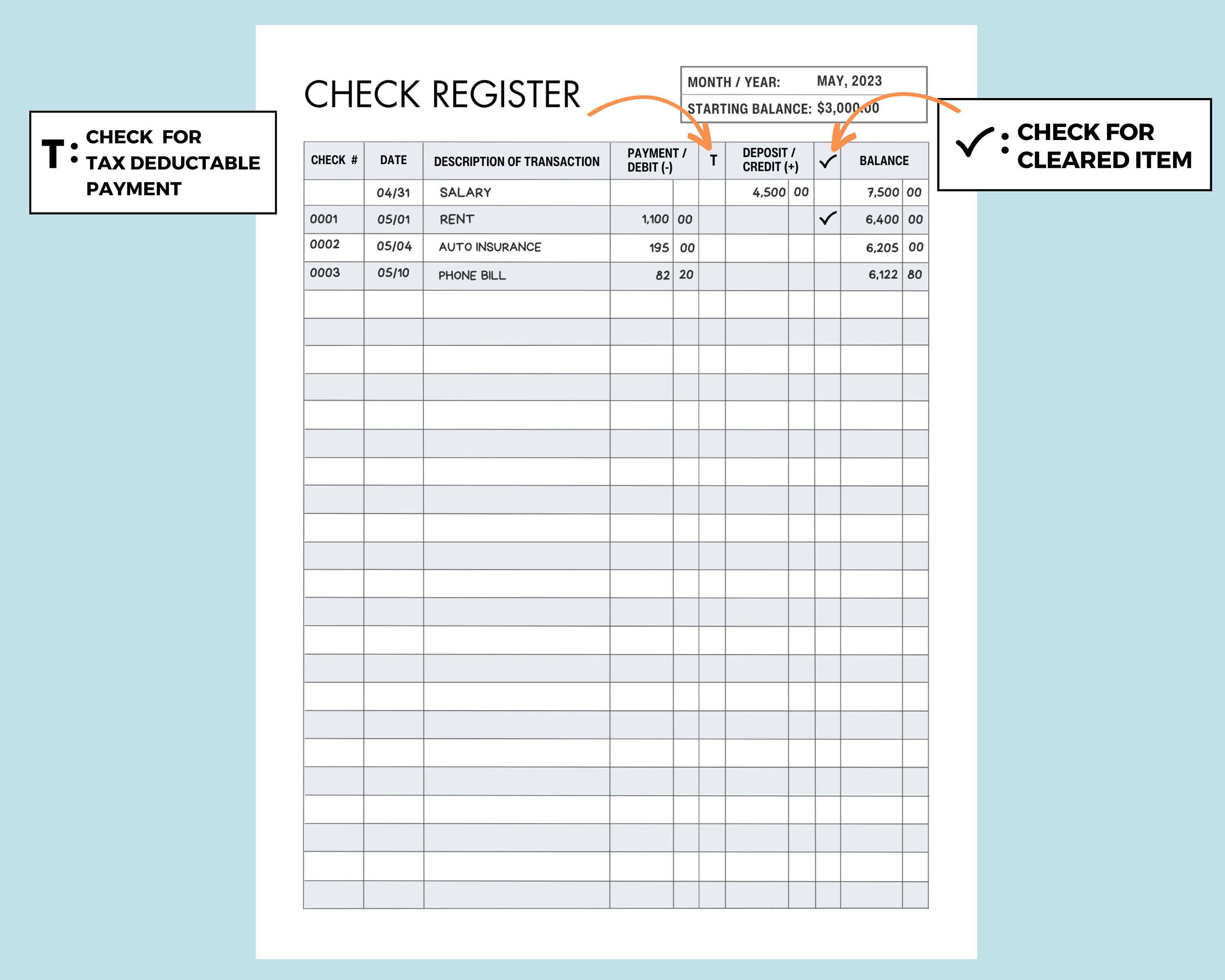 Checkbook Register Printable Check Transaction Tracker Check Ledger ...