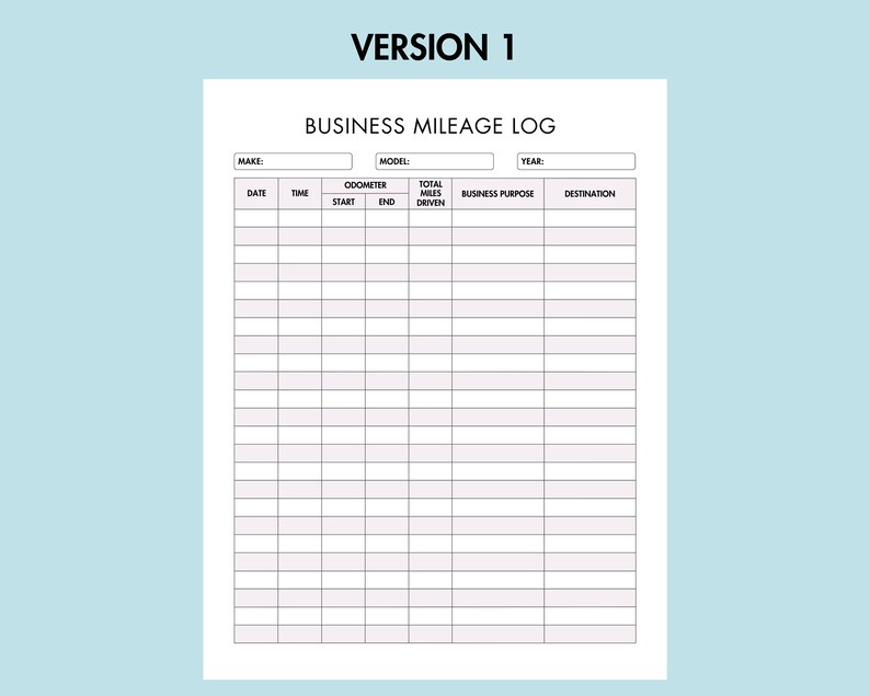 Business Mileage Log Book PDF Printable Vehicle Mileage Log Book for ...