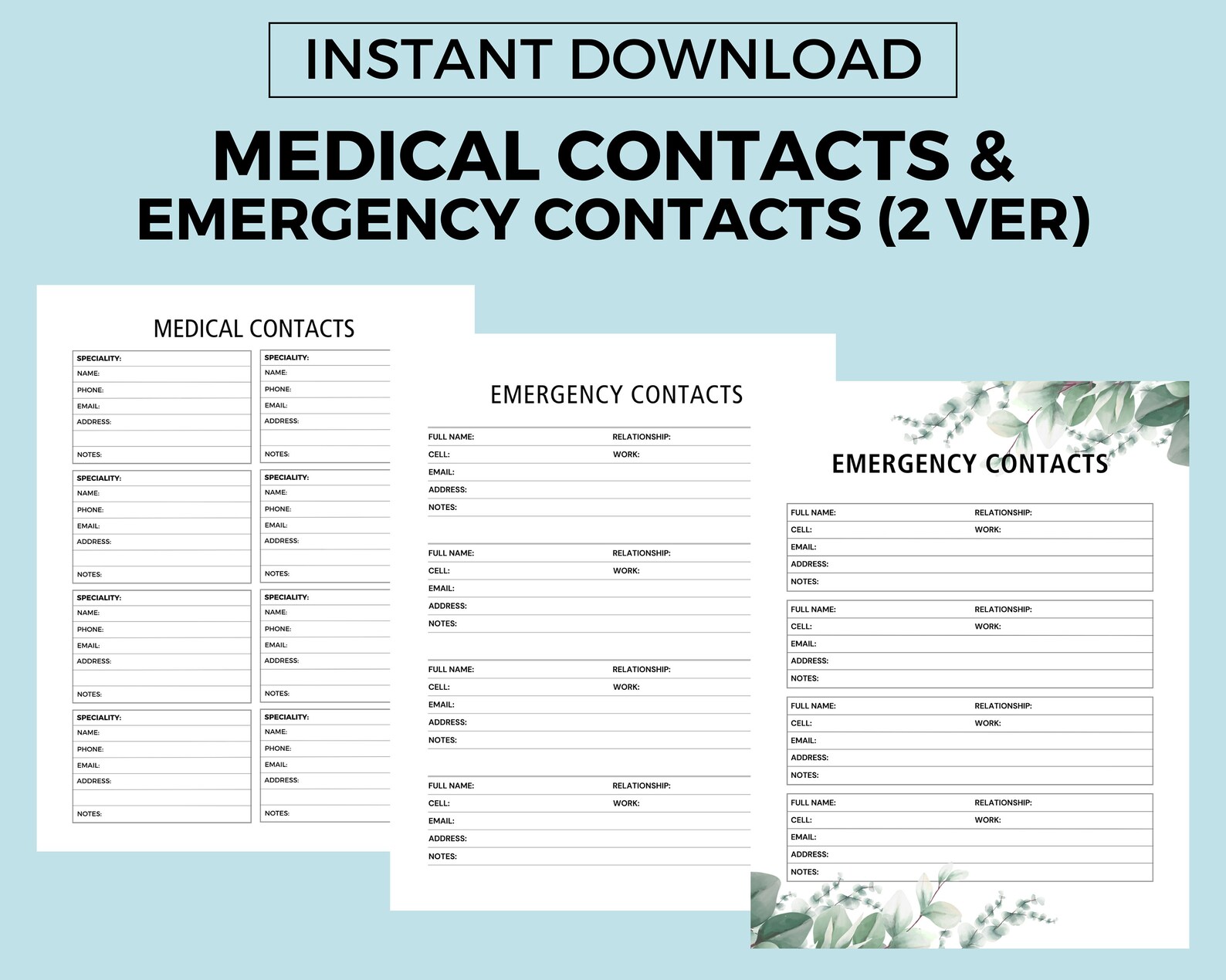 Medical Contact Log Printable, Doctor Contact List Page, Emergency ...