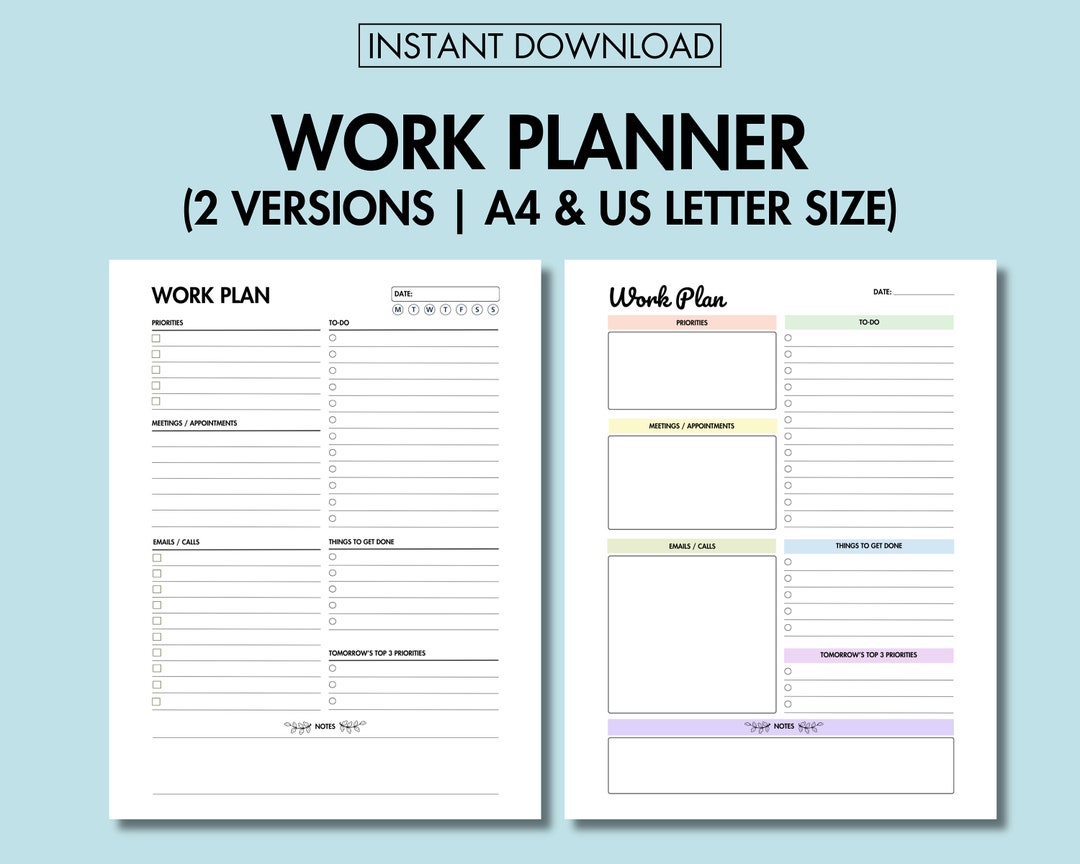 Work Planner Printable Daily Work Day Organizer Office Task Planner ...