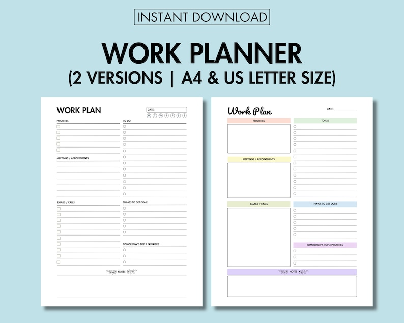 Work Planner Printable Daily Work Day Organizer Office Task Planner ...