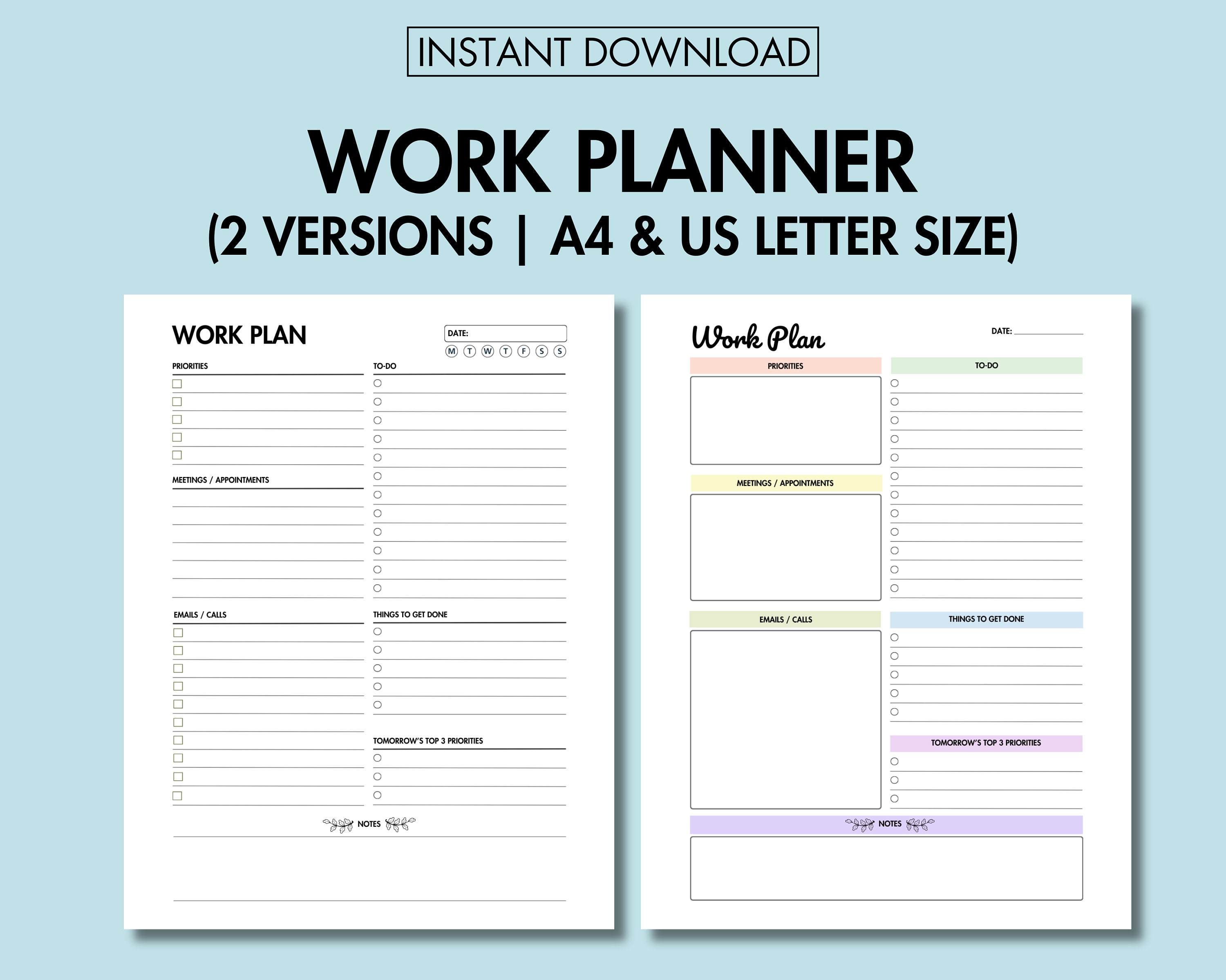 Work Planner Printable Daily Work Day Organizer Office Task Planner ...
