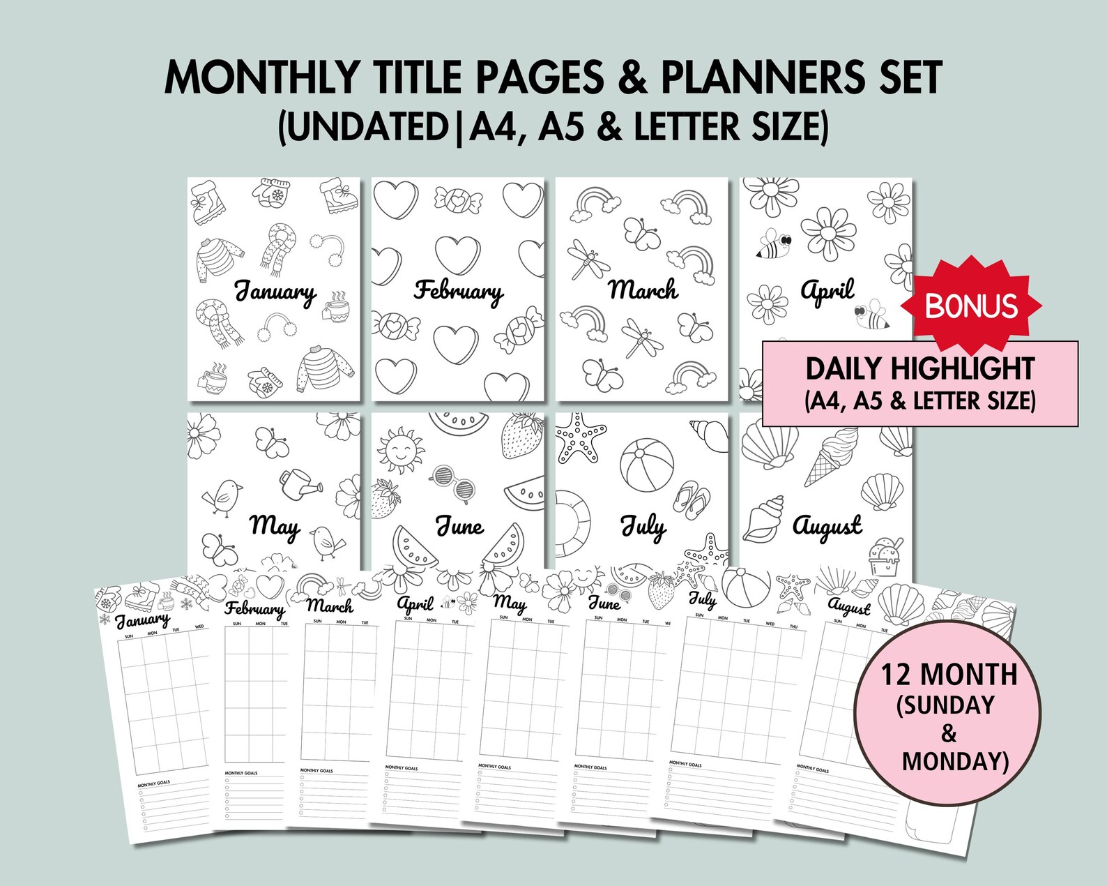 Monthly Journal Title Page and Undated Monthly Planner Set Printable ...