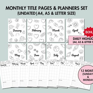 Monthly Journal Title Page and Undated Monthly Planner Set Printable ...
