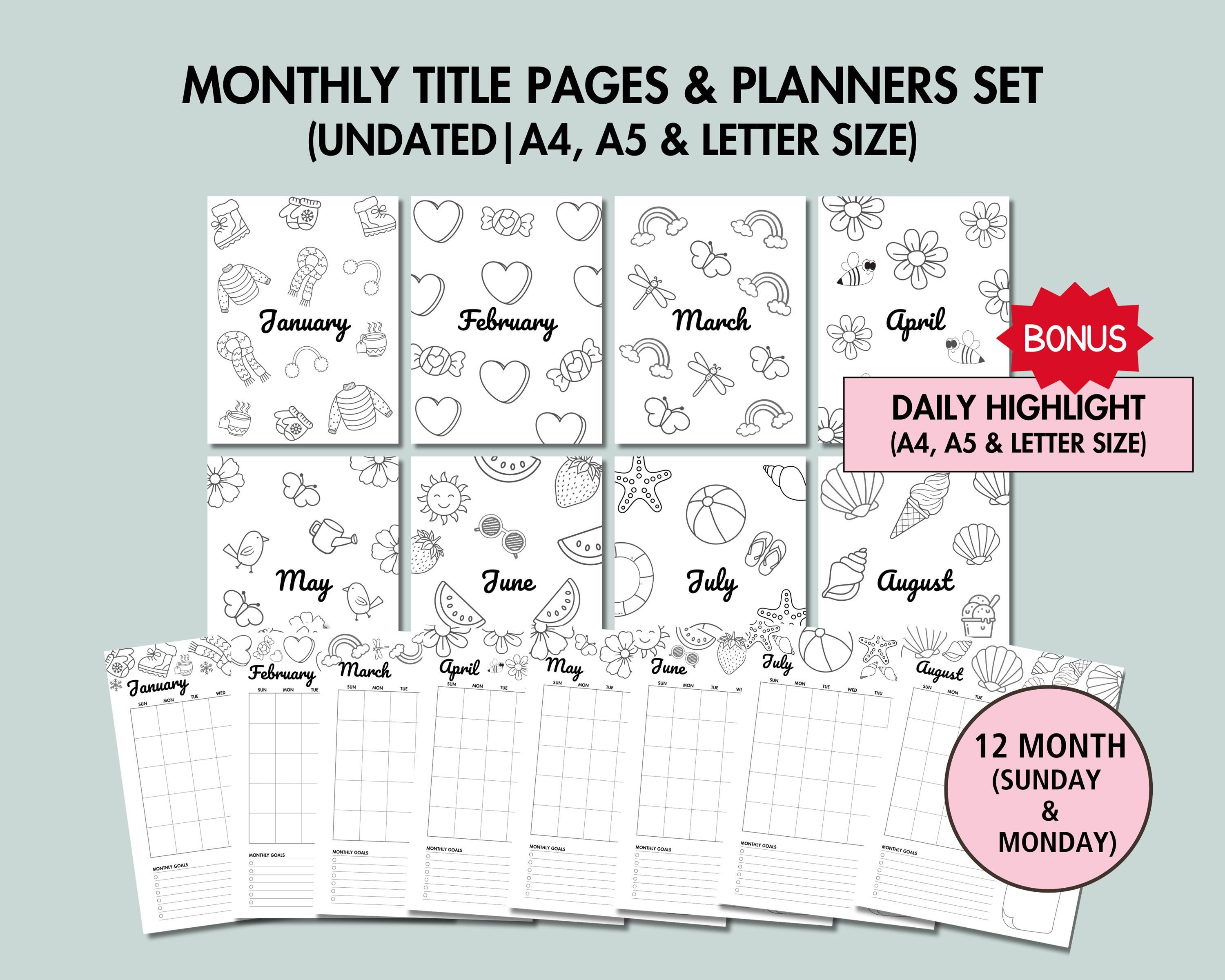 Monthly Journal Title Page and Undated Monthly Planner Set Printable ...