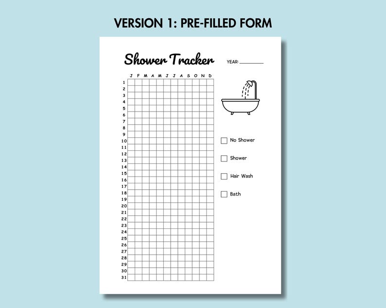 Shower Tracker Printable Hygiene Tracker PDF Hair Wash Tracker Year in ...