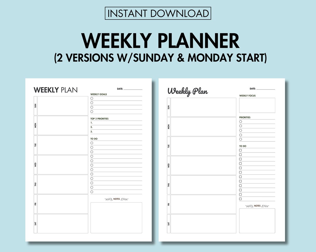 Weekly Planner Undated Printable Weekly Work Schedule PDF Weekly to Do ...