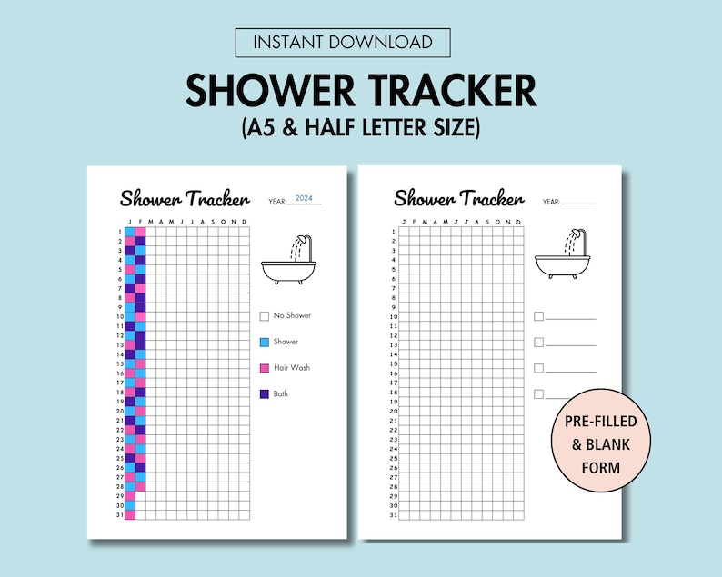 Shower Tracker Printable Hygiene Tracker PDF Hair Wash Tracker Year in ...