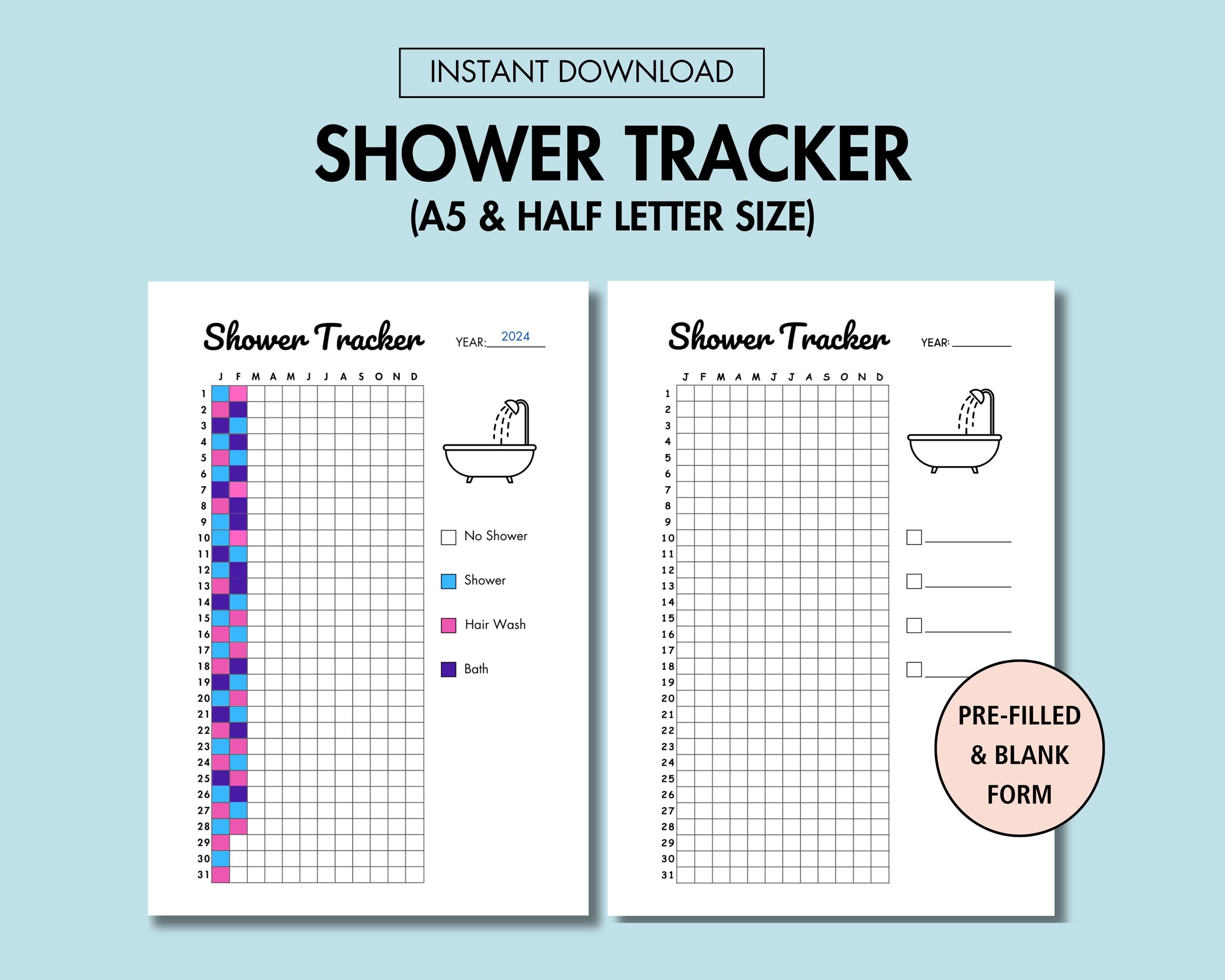 Shower Tracker Printable Hygiene Tracker PDF Hair Wash Tracker Year in ...