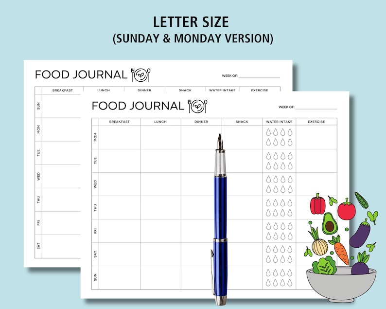 Weekly Food Journal Printable Weekly Food Diary, Meal Planner and Water ...