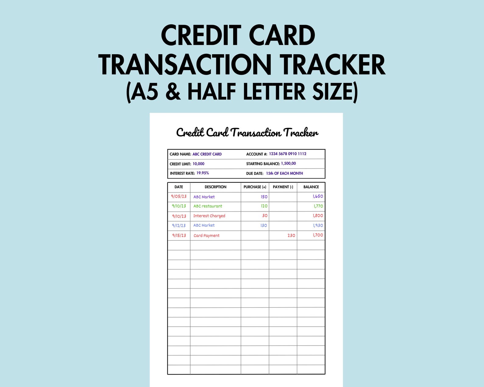 Credit Card Transaction Tracker Printable Debt Tracker PDF, Personal ...