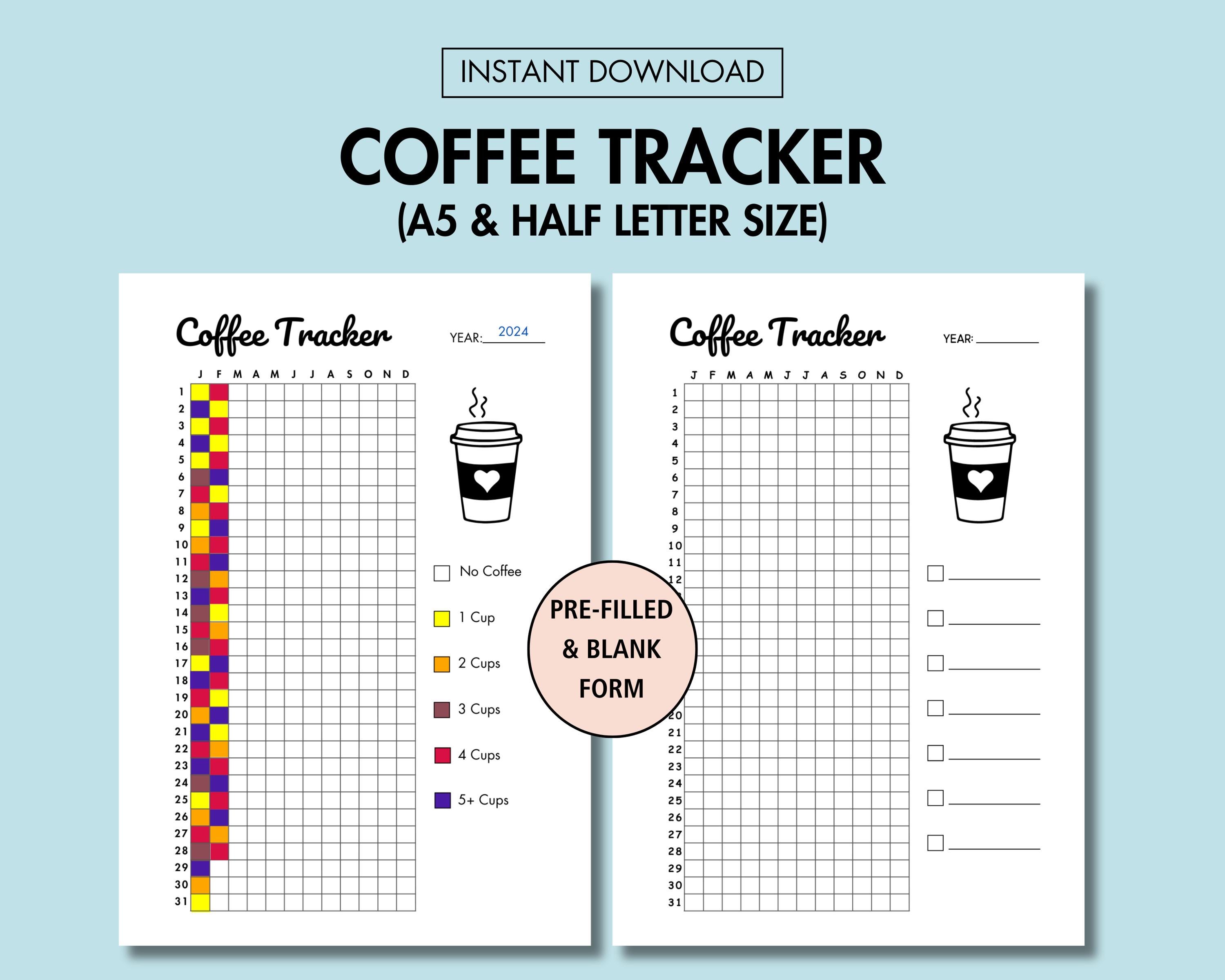 Coffee Tracker Printable Caffeine Log Year in Pixel Daily Yearly Health Habit Tracker, No Coffee ...