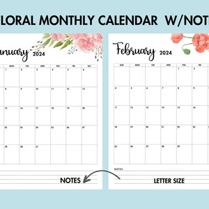 Monthly Calendar Planner 2024, 12 Month Floral Calendar Printable, 2024 ...