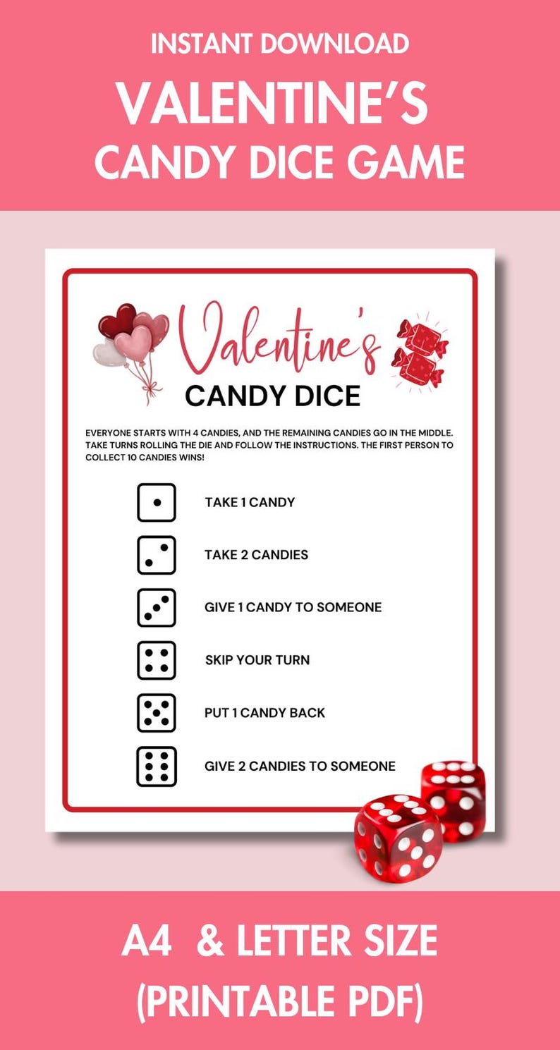 Valentine Candy Dice Game Printable Valentine Party Game Instant ...