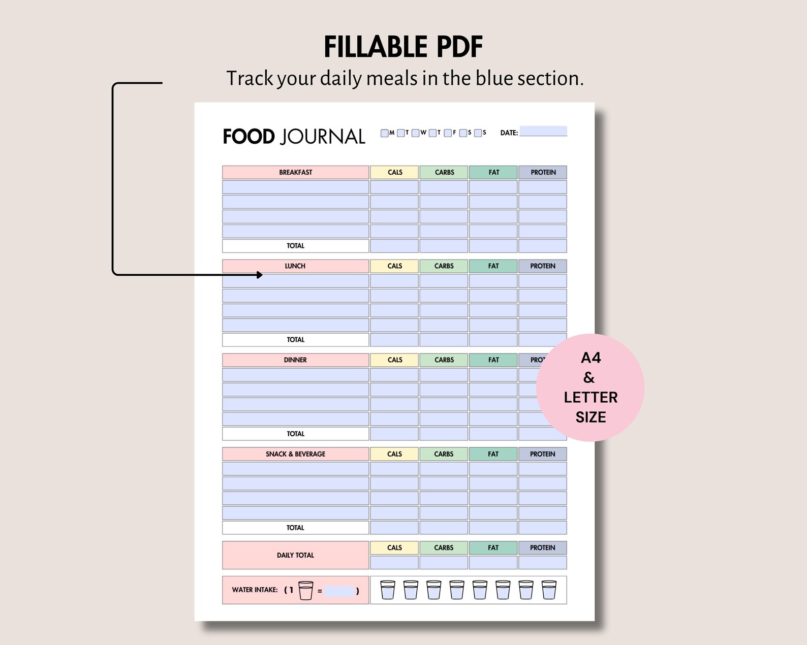 Daily Food Journal Printable and Fillable Calorie Tracker, Daily Food ...