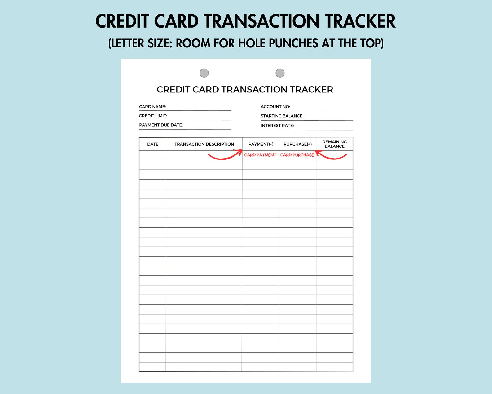 Credit Card Payment Tracker Printable, Credit Card Transaction Tracker ...