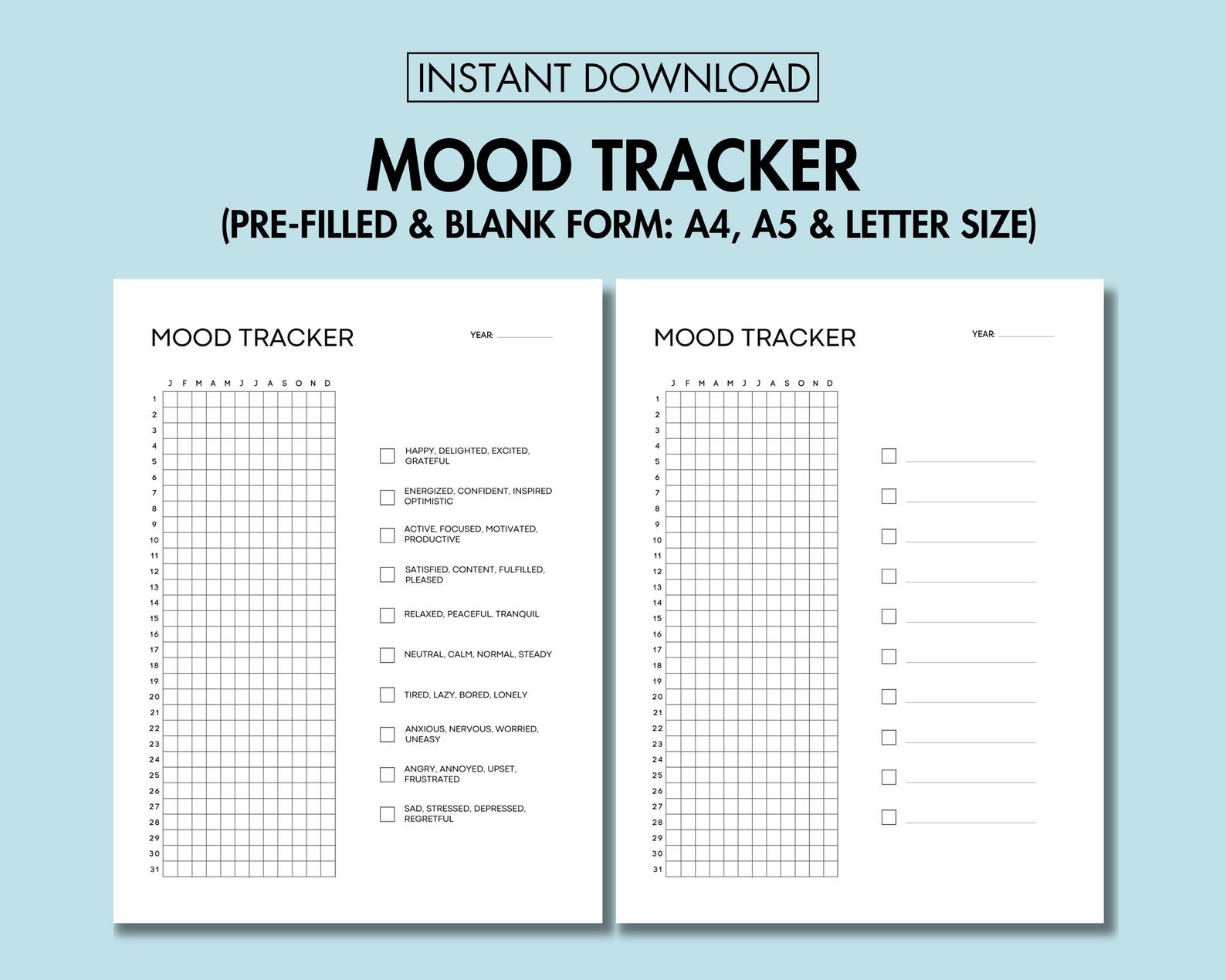 Mood Tracker Printable Daily Yearly Mood Journal, Mental Health ...