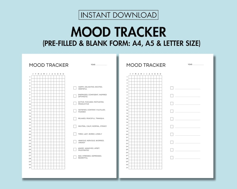 Mood Tracker Printable Daily Yearly Mood Journal, Mental Health ...