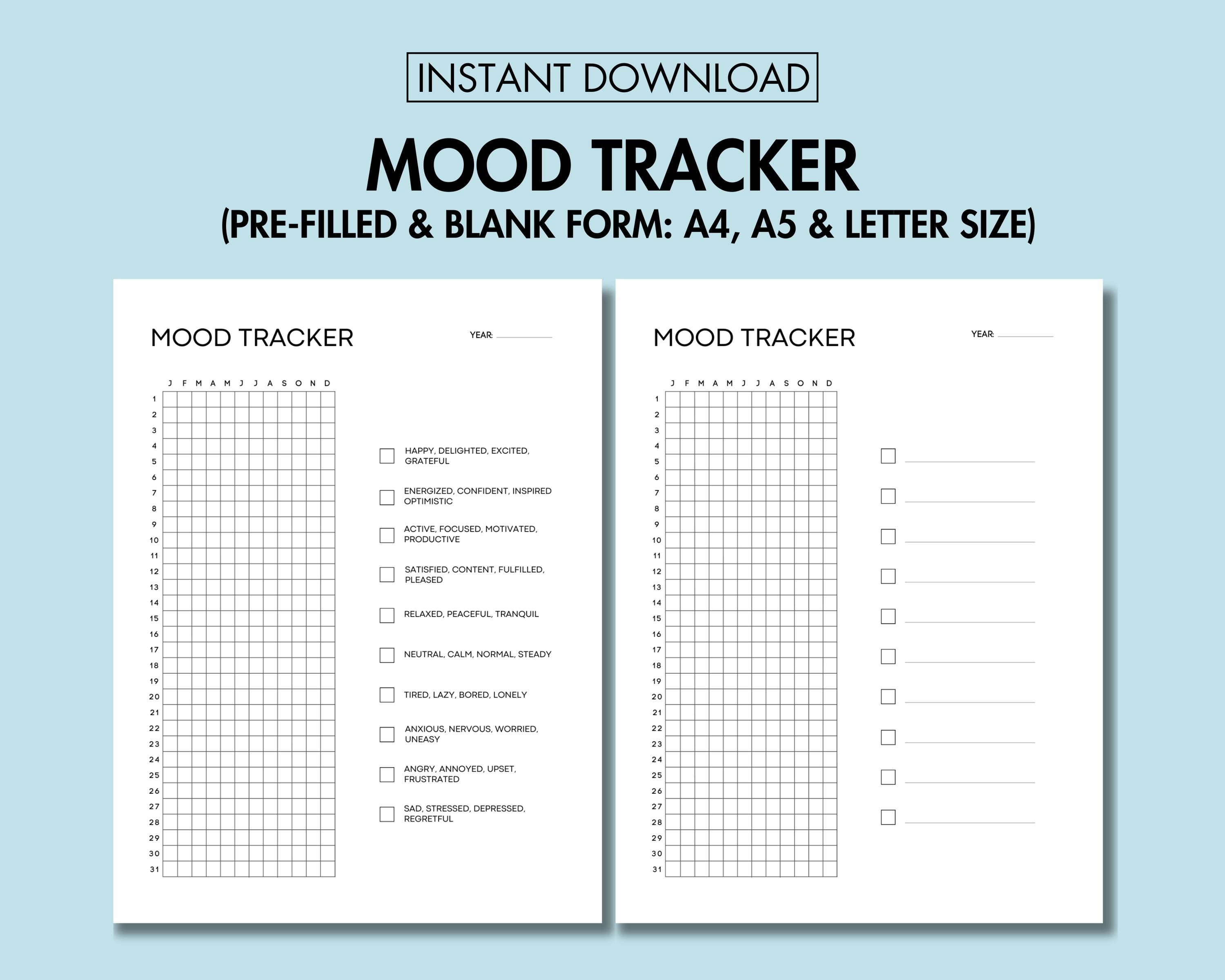Mood Tracker Printable Daily Yearly Mood Journal, Mental Health ...
